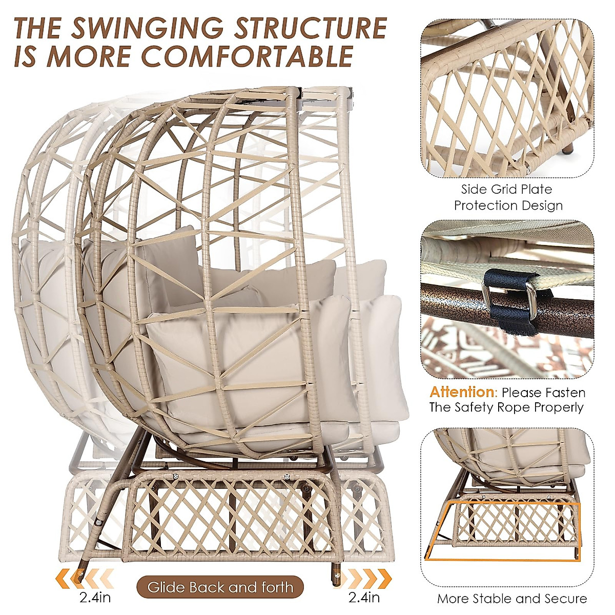 RADIATA Oversized Wicker Double Egg Chair w/ 7 Cushions 500lb Capacity Lounge Basket with Strong Heavy-Duty Steel Frame for Indoor Outdoor Patio Backyard Living Room (Beige)