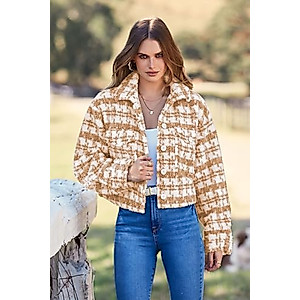 PRETTYGARDEN Women's Fall Plaid Shacket Jacket Faux Fur Lapel Open Front Cropped Winter Coats Outerwear (Light Khaki,Small)