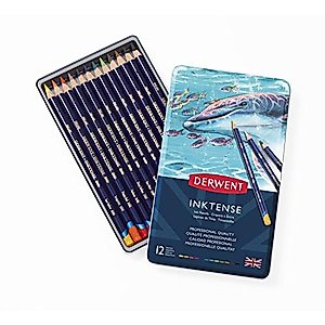 Derwent Inktense Pencils Tin, Set of 12, Great for Holiday Gifts, 4mm Round Core, Firm Texture, Watersoluble, Ideal for Watercolor, Drawing, Coloring and Painting on Paper and Fabric (0700928)