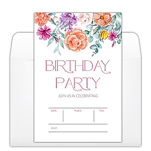 YUEXLL Floral Birthday Party Invitations Cards with Envelopes, Rose Floral Party Invitations, Birthday Celebration Supplies, Double-sided Fill-in bday Invites for Boys Girls- A31