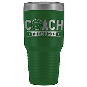 Personalized Basketball Coach Tumbler Cup With Coach Name - Customized Basketball Coach Gift - Custom Basketball Coach Travel Mug - Green