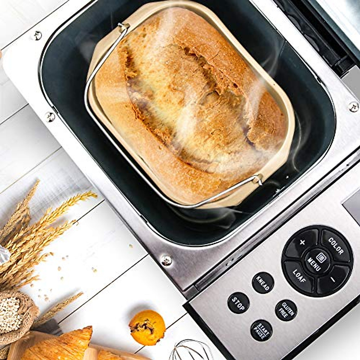 Secura Bread Maker Machine 2.2lb Stainless Steel Toaster Makers 650W Multi-Use Programmable 19 Menu Settings for Home Bakery (Silver)