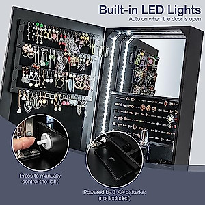 CHARMAID Jewelry Cabinet with LED Light Strip, 62.5'' Floor Jewelry Armoire with High Full Length Mirror, Vanity Mirror, Foldable Makeup Shelf, Jewelry Organizer Storage with 6 Drawers (Black)