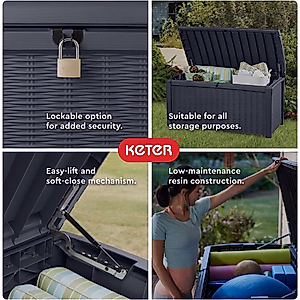 Keter Borneo 416L Storage Box, All-Weather Wicker Rattan-Style Resin Deck Box and Stylish Outdoor Bench with Piston-Assisted Lockable Lid, Light Grey