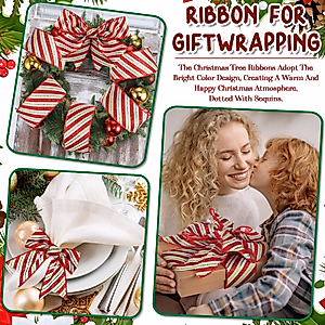 2 Rolls Christmas Wired Ribbon Red Green Stripe Glitter Ribbon Xmas Wrapping Burlap Decor for Home Party DIY Craft Bows, 2.5 Inch 20 Yards (White)