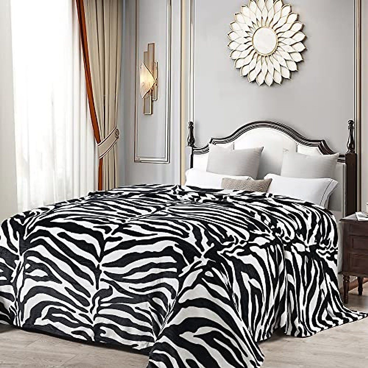 Home Soft Things Light Weight Animal Safari Style Black White Zebra Printed Flannel Fleece Blanket (Queen)