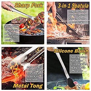 Leonyo Grill Tools Set of 6, 18-inch Extra-long BBQ Tool Set, Heavy-duty Barbecue Grilling Accessories, Stainless Steel Spatula, Fork, Tong, Basting Brush, Cleaning Brush & Carrying Bag - Black Handle