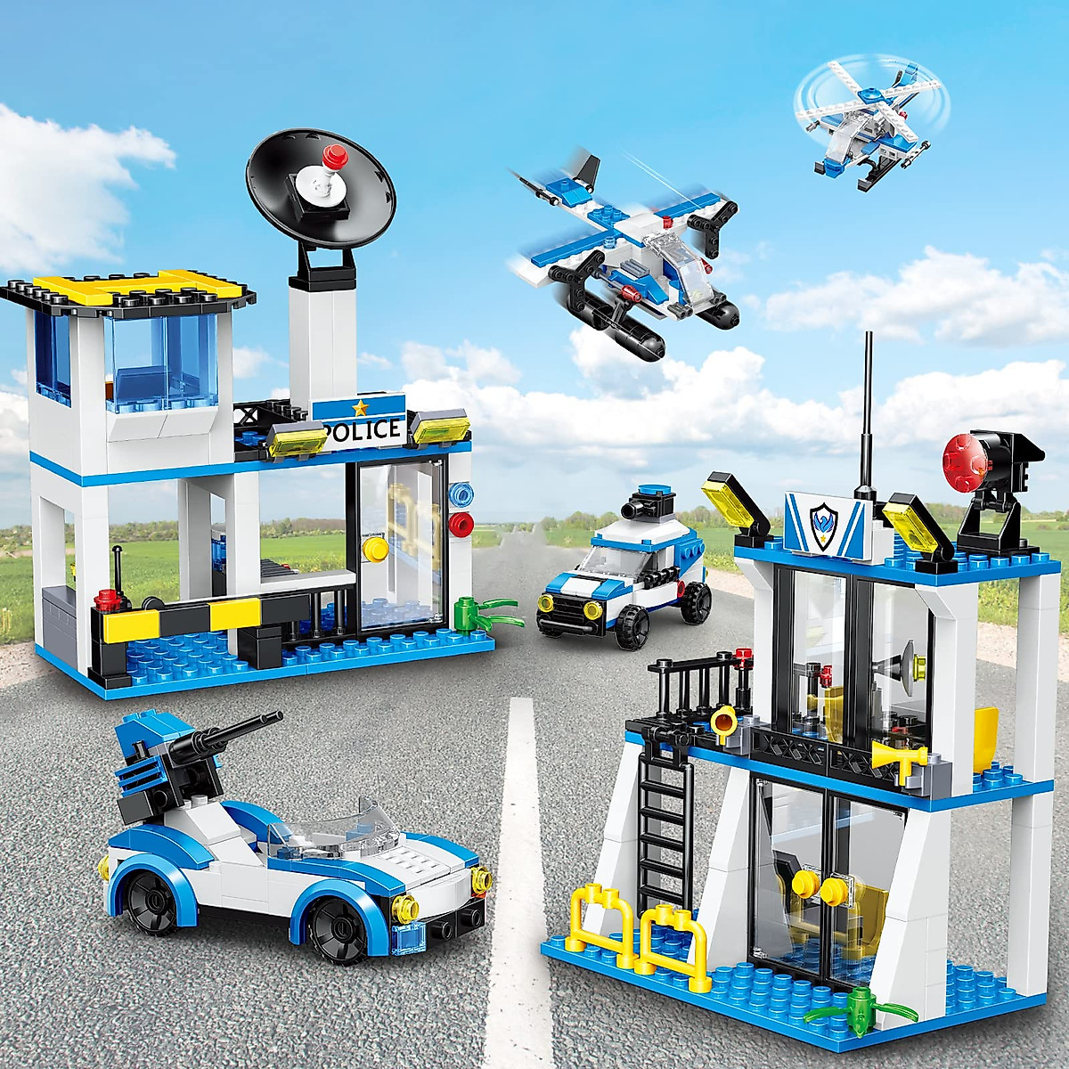 Hodlvant City Police Station Building Sets, Police Station Mobile Command Center Building Blocks Kit with Artillery car & Cop Patrol Car & Helicopter Toy, STEM Toys Set for Boys Girls Aged 6 7 8 9 +