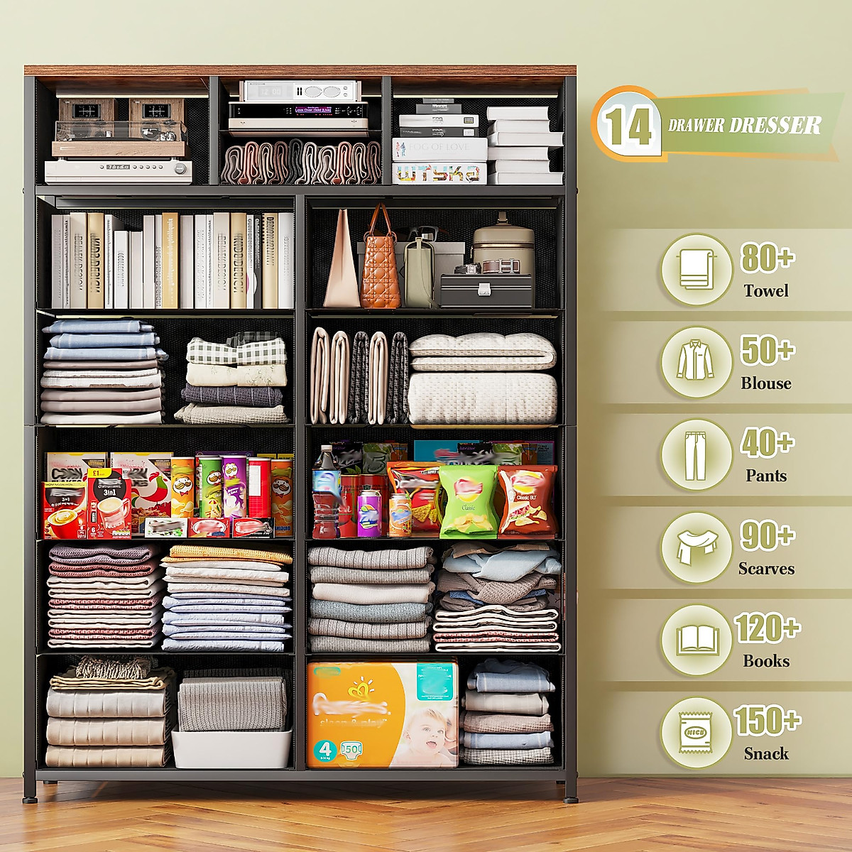 EnHomee 14 Drawer Dresser, Tall Dressers for Bedroom, Large Bedroom Dressers & Chests of Drawers, Sturdy Metal Frame & Wood Top, Easy Assembly, Closet, Living Room, Rustic Brown