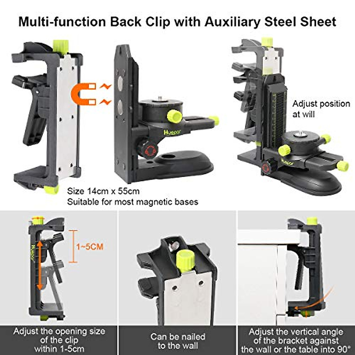 Huepar Fine-tuning Bracket Laser Level Adapter, Multifunctional Magnetic Pivoting Base with Adjustable Clip, 360° Adjustable Support with 1/4"-20 Male Threaded, Height Adjustment - PV10+