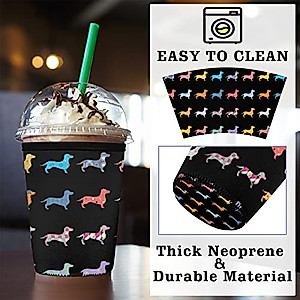 Funny Dachshund Dog Reusable Iced Coffee Sleeve, Decorative Dogs Insulator Sleeve for Cold Drinks Beverages Neoprene Cup Holder for Cold Drink Cups-(26-28oz)