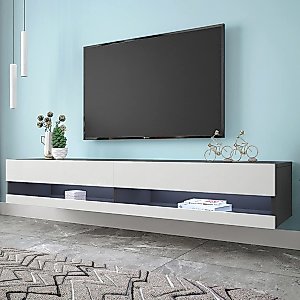 Knocbel Floating TV Shelf, LED Wall Mounted Media Console Cabinet Components Shelves Television Stand, Double Doors with Cable Holes, 110Lbs Weight Capacity, 70.9"L x 16.5"W x 11.8"H (White W/ Black)