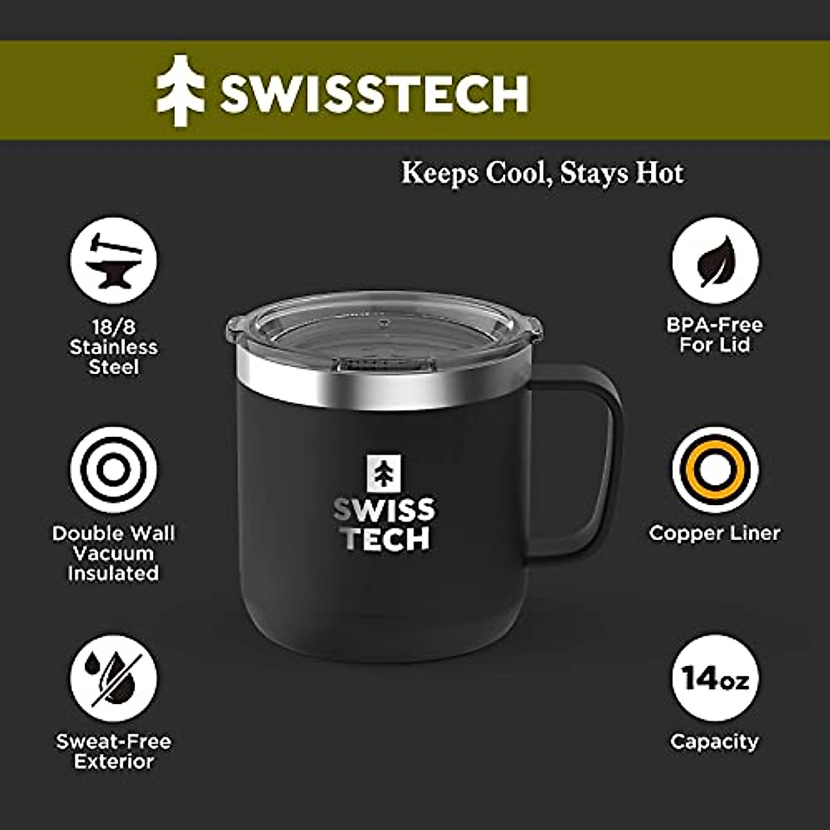 Swiss+Tech 14 oz Coffee Mug, Vacuum Insulated Mug Cup with Lid, Double Wall Stainless Steel Travel Tumbler Cup, Corrosion Resistant, BPA Free (Black&White)