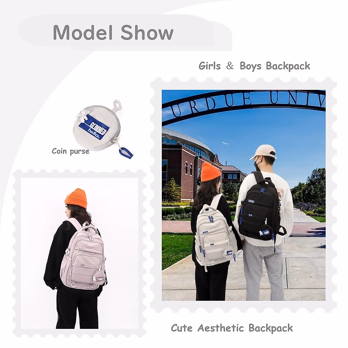 LANSHIYA Cute Aesthetic Backpack for Girls Middle School Students Bookbag Teens Solid Color Lightweight Travel Daypack Casual Schoolbag with Coin Pouch,Blue