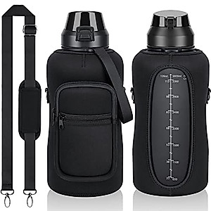 1 Gallon Water Bottle with Sleeve-128 oz BPA Free Large Leakproof Sport Plastic Motivational Water Bottle with Straw & Strap & Insulated Neoprene Holder Carrier Bag-Big Gym Water Jug for Women Men