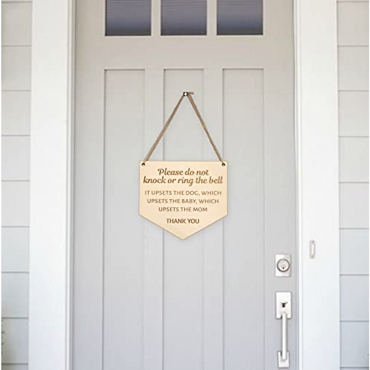 Baby sleeping sign for front door - Please do not knock or ring the bell, it upsets the dog, which upsets the baby, which upsets mom - Do not ring doorbell sign Size 6 x 5.5 (inches), Brown