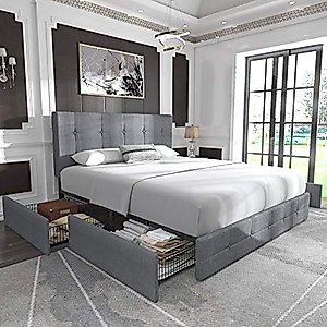 Allewie Upholstered Queen Size Platform Bed Frame with 4 Storage Drawers and Headboard, Square Stitched Button Tufted Mattress Foundation with Wooden Slats Support, No Box Spring Needed, Light Grey