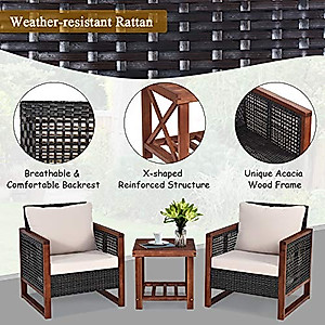 Tangkula 3 Pieces Patio Wicker Furniture Set, Rattan Outdoor Sofa Set w/Washable Cushion & Acacia Wood Coffee Table, Conversation Bistro Set for Garden Balcony Backyard (Beige)