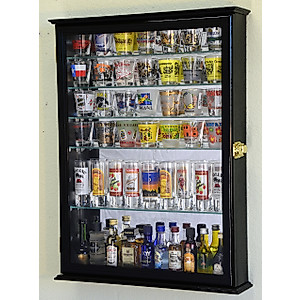 Large Mirror Backed and 7 Glass Shelves Shot Glasses Display Case Holder Cabinet , Black