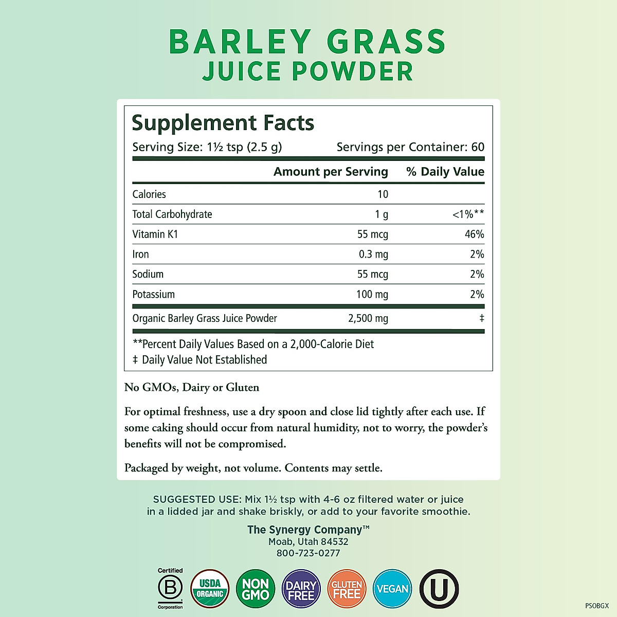 PURE SYNERGY Organic Barley Grass Juice Powder | Chlorophyll-Rich Greens Powder | Organic Cold-Pressed Barley Grass Juice | for Energy, Detox, and Digestion Support (5.3 oz. Powder)