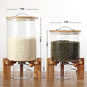 Glass Rice Dispenser Countertop, 5L/8L Flour Cereal Grain Dispenser Container with Wooden Stand and Measuring Cup, Rice Food Storage Container Dispenser for Kitchen and Pantry Store with Airtight Lid