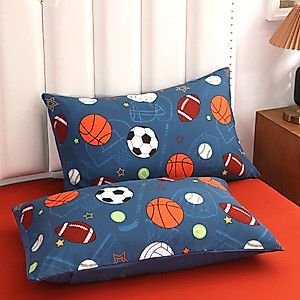 lwfushi Sports Comforter Set Blue Ball Bedding Set Full Size Baseball Basketball Soccer Tennis Bed Set for Teens Kids (1 Comforter,1 Flat Sheet,1 Fitted Sheet,2 Pillowcase and 2 Pillow Sham)