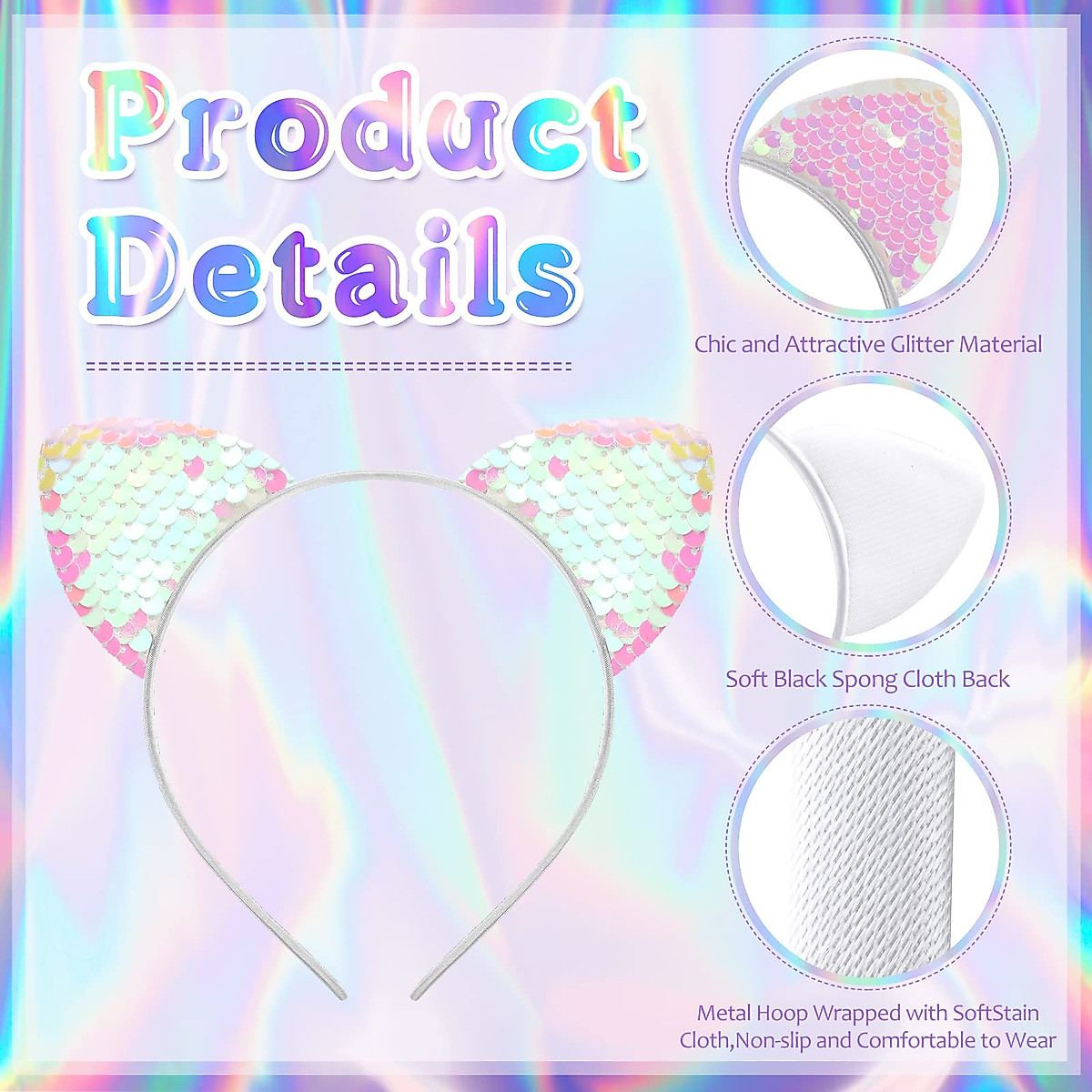 Yinder Bling Mermaid Sequin Headband, 40 Pcs Cute Kitty Hairbands with Cat Ears Hair Hoops, Daily Hair Accessories for Women Girls in 10 Colors