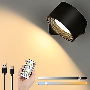 Lightess LED Wall Sconces, Wall Mounted Lamps with Remote Control Rechargeable, 360 ° Rotation Stepless Dimming Reading Light 3 Color Temp, Touch Remote Control, Cordless Wall Light for Study Bedside