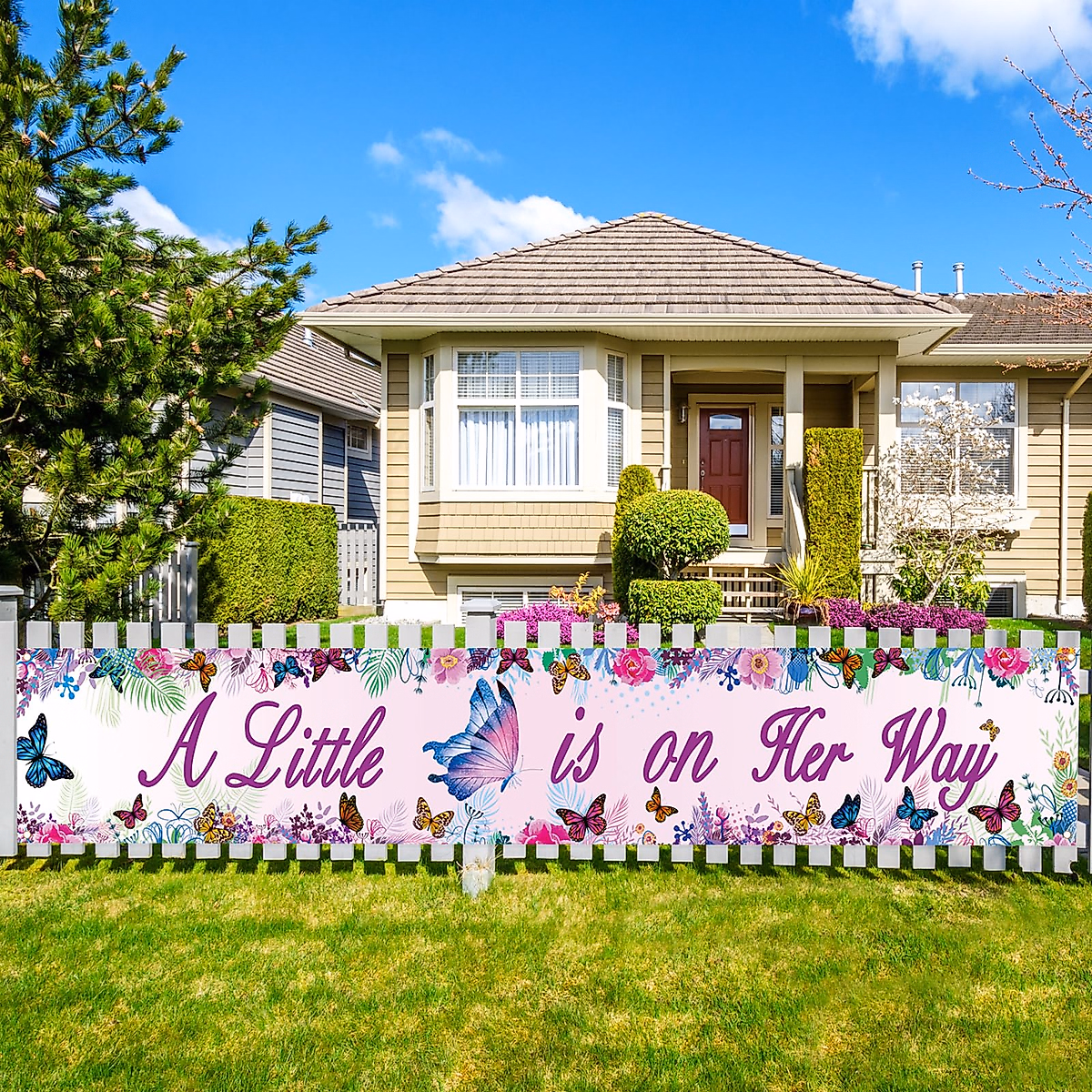 Labakita A Little Butterfly is on Her Way Banner, Purple Butterfly Baby Shower Decorations for Girl, Girl Baby Shower Banner for Courtyard / Garden / Yard, Gender Reveal Decorations