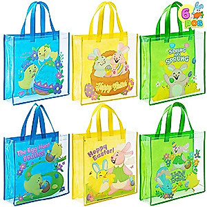 JOYIN 6 Pcs Easter Gift Bags, 13" x 13" x 4" Big Size Non Woven Easter Goodie Bags Party Treat Bags with Handles for Easter Egg Hunt, Reusable Easter Rabbit Bunny Bag for Kids Party Favor Supplies