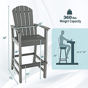 Giantex Outdoor HDPE Bar Stool, Tall Adirondack Chair with Armrests and Footrest, 30 Inches Counter Height Bar Stool for Garden, Backyard, Weather Resistance, Easy Maintenance (2, Gray)