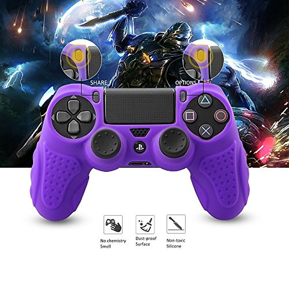 PS4 Controller Grip Skin Anti-Slip Silicone Case Cover for Sony Playstation 4 PS4/Slim/Pro Controller with 8 x FPS Pro Thumb Grips (Purple)