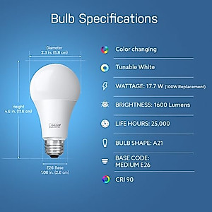 Feit Electric Smart Bulb, 100W Equivalent Color Changing and Tunable White, 2.4Ghz Wifi light bulb, No Hub Needed, Works with Alexa and Google Assistant, High CRI Dimmable LED OM100/RGBW/CA/AG, 1 Pack
