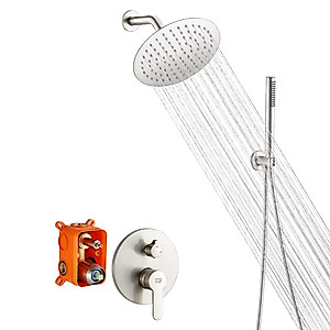 POP SANITARYWARE Shower System Brushed Nickel Bathroom Rainfall Shower Faucet Set Complete Wall Mounted 8 Inch Shower Head and Handle Set with Rough-in Valve Body and Trim Kit