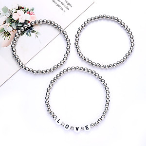 CEALXHENY Beaded Bracelets Stackable Brass Bead Ball Chain Bracelets for Women LOVE Letter Stretch Bracelet Bangles for Men Women Holiday Valentine’s Gift (C Letter LOVE Silver)