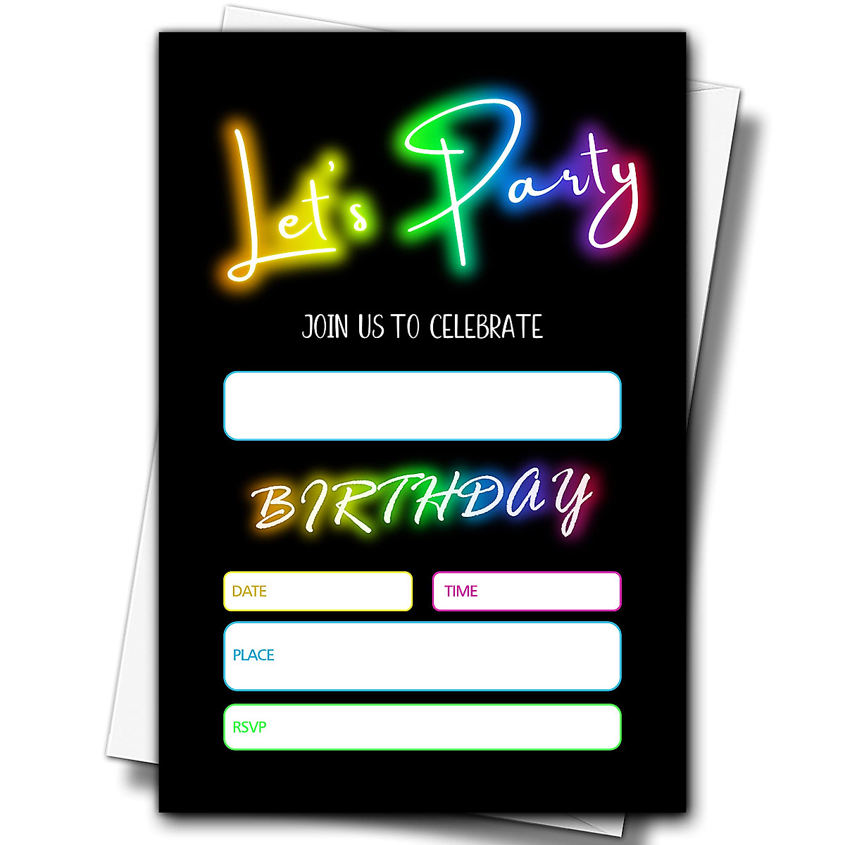 Buildinest Let's Party Birthday Party Invitations with Envelopes (20-Pack), 4"x6" Neon Birthday Invitation Cards, Fill-in Style Party Invites-B38
