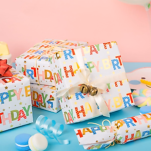 Merture Colorful Wrapping Paper Roll, Happy Birthday Gift Wrap - 17 In X 32.8 Ft - 1 Roll (46.5 sq.ft.ttl.) Foil Happy Birthday Lettering & Candles Wrapping Paper for Birthday, Baby Shower, Party