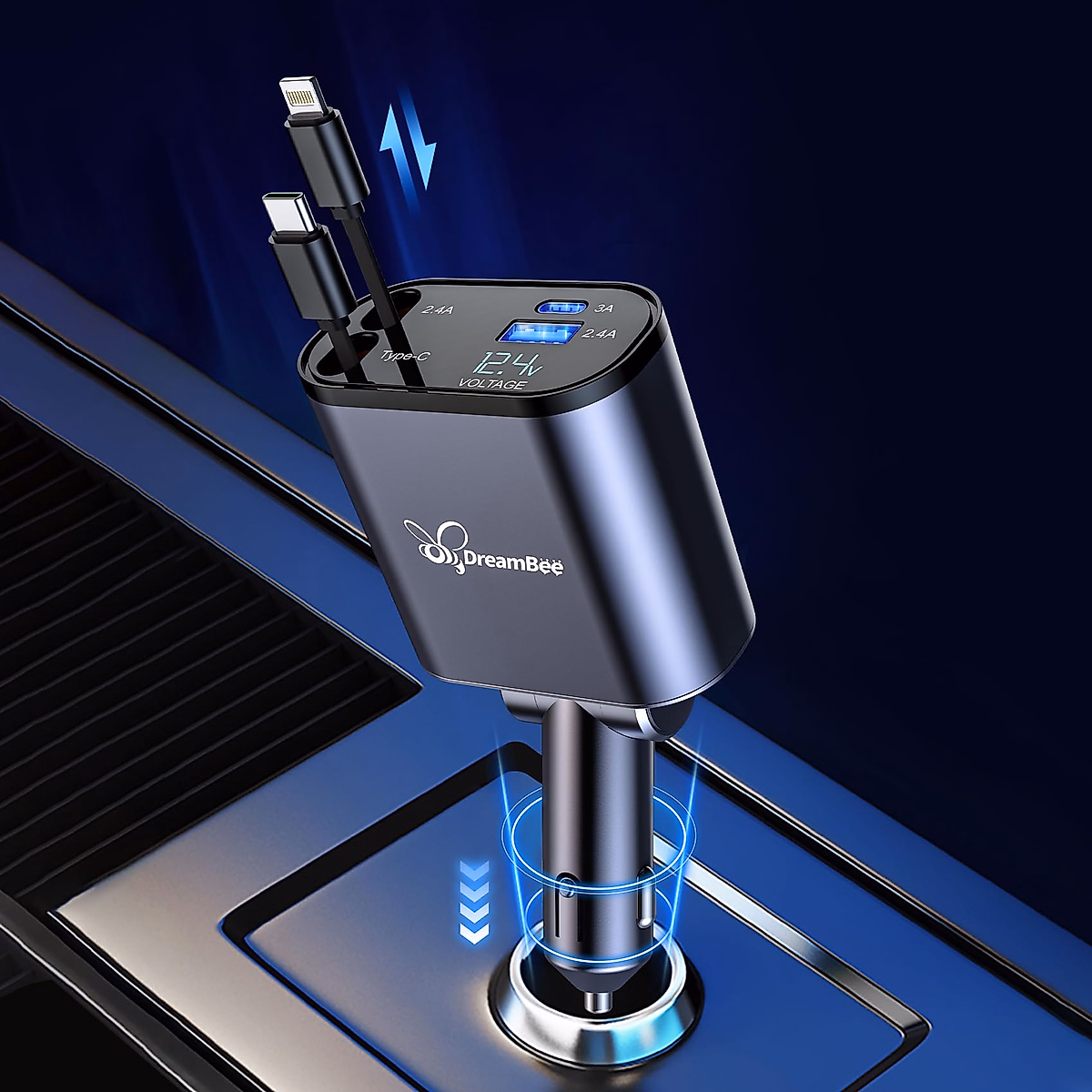 DreamBee Retractable Car Charger,66W 4 in 1 Super Fast Charge Car Phone Charger,Retractable Cables (31.5 inch) and 2 USB Ports Car Charger Adapter for iPhone 15/14/13/12 Pro Max XR,iPad,Samsung,Pixel