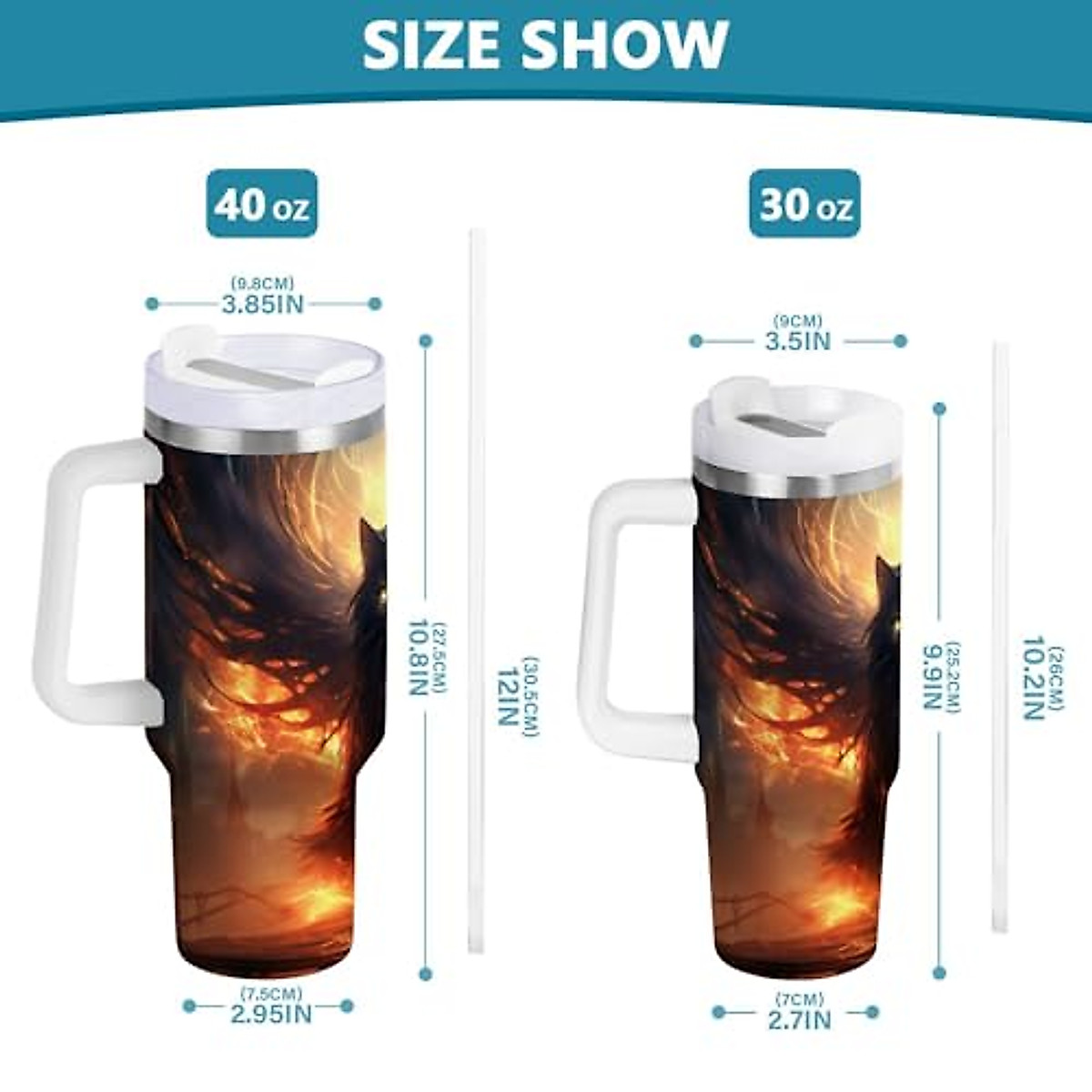 ARGTILDN 40 oz Tumbler Black Cat Fire Insulated Travel Mug with Handle and Straw Lid Stainless Steel Vacuum Coffee Cup Tea Beverage Container Water Bottles for Car Sports office