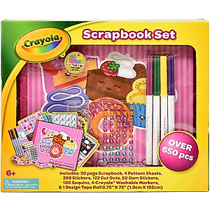 Crayola Scrapbook Activity Craft Kit, Mess Free Journal Set for Kids, Drawing Art Supplies Included Scrapbook, Pattern Sheets, Cut Outs, Gem Stickers, Sequins, Crayola Washable Markers, Tape and