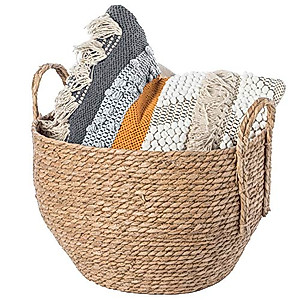 Vintiquewise Decorative Round Wicker Woven Rope Storage Blanket Basket with Braided Handles - Large