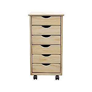 Adeptus Original Roll Cart, Solid Wood, 6 Drawer Narrow Drawers Roll Carts, Unfinished