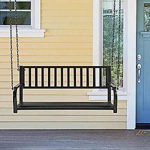 Topeakmart Hanging Porch Swing Bench Outdoor, 2-Person Metal Iron Patio Bench for Garden Deck Patio Swing Chair with Chains, Black