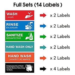 Wash Rinse Sanitize Sink Labels, Employee Must Wash Hands Signs Sticker(14 Pack -9"×3"), Perfect for 3 Compartment Dishwashing Sink-Commercial Kitchens, Restaurant, Food Trucks, Bussing Stations