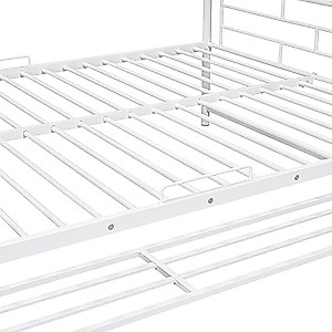 Merax Full Over Full Metal Bunk Bed Frame with Shelf and Guardrails for Bedroom for Boys Girls and Adult,White