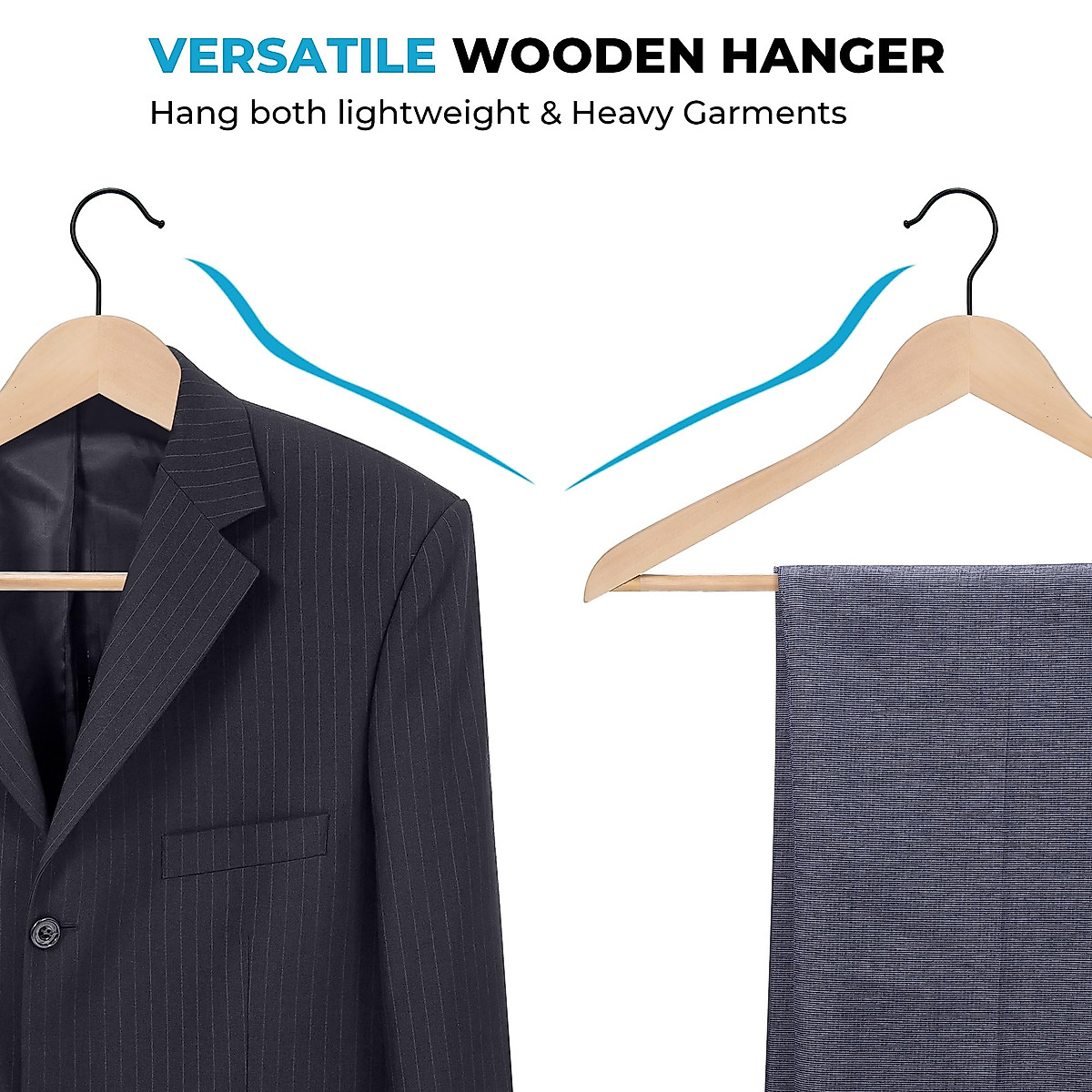 JS HANGER Wooden Coat Hangers, 30 Pack High Grade Wood Suit Hangers with Non Slip Pant Bar - Extra Smooth and Splinter Free, Unvarnished