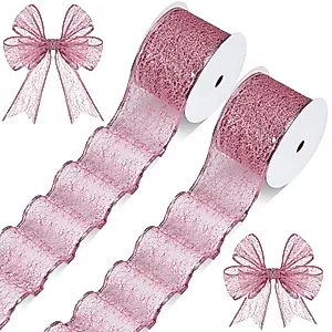 MTLEE 2 Rolls 20 Yards Valentine Ribbon Wired Pink Metallic Glitter Lace Ribbon for Xmas Crafts Floral Bow Making DIY Gift Wrapping Wedding Party Decor(2.5 Inch)