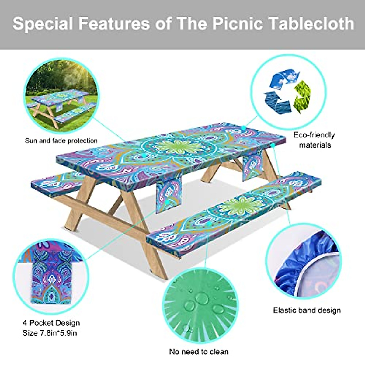 Sotue Picnic Table Cover with Bench Covers 3 Piece Set Elastic Fitted Rectangle Tablecloths Camp Tables Seat Cloth Polyester Oilcloth Vinyl Clothes for Outdoor Waterproof Camping 72x30 Inch Green