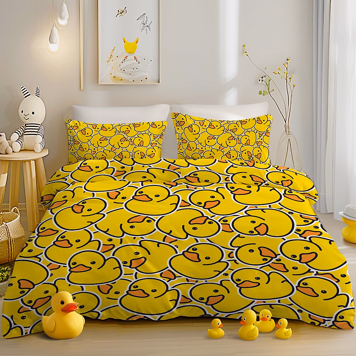ARIGHTEX Duvet Cover Sets Yellow Rubber Duck Pattern Bedding Sets 3 Pieces Cute Comforter Cover Set Super Soft Bedspread for Kids Teens Adults (Queen)