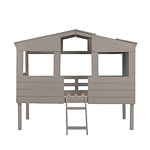 Naomi Home Susie Full Size House Bed for Kids - Cabana Style Solid Pine Wood Bed with Front Windows & Roof, Full Size Loft Bed for Kids with Guard Rails, Perfect for Girls/Boys, Light Gray